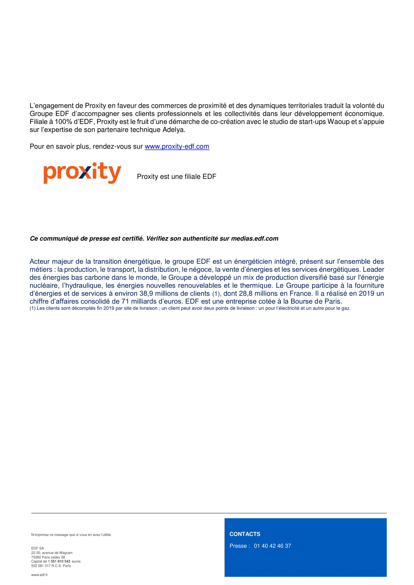 [Communiqué de presse] - EDF lance Proxity, une nouvelle filiale